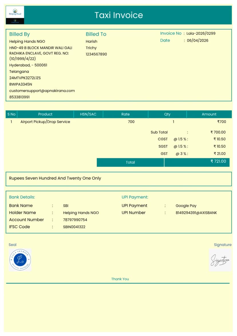 Free Taxi Invoice Generator - Cab Billing | InvoiceFree