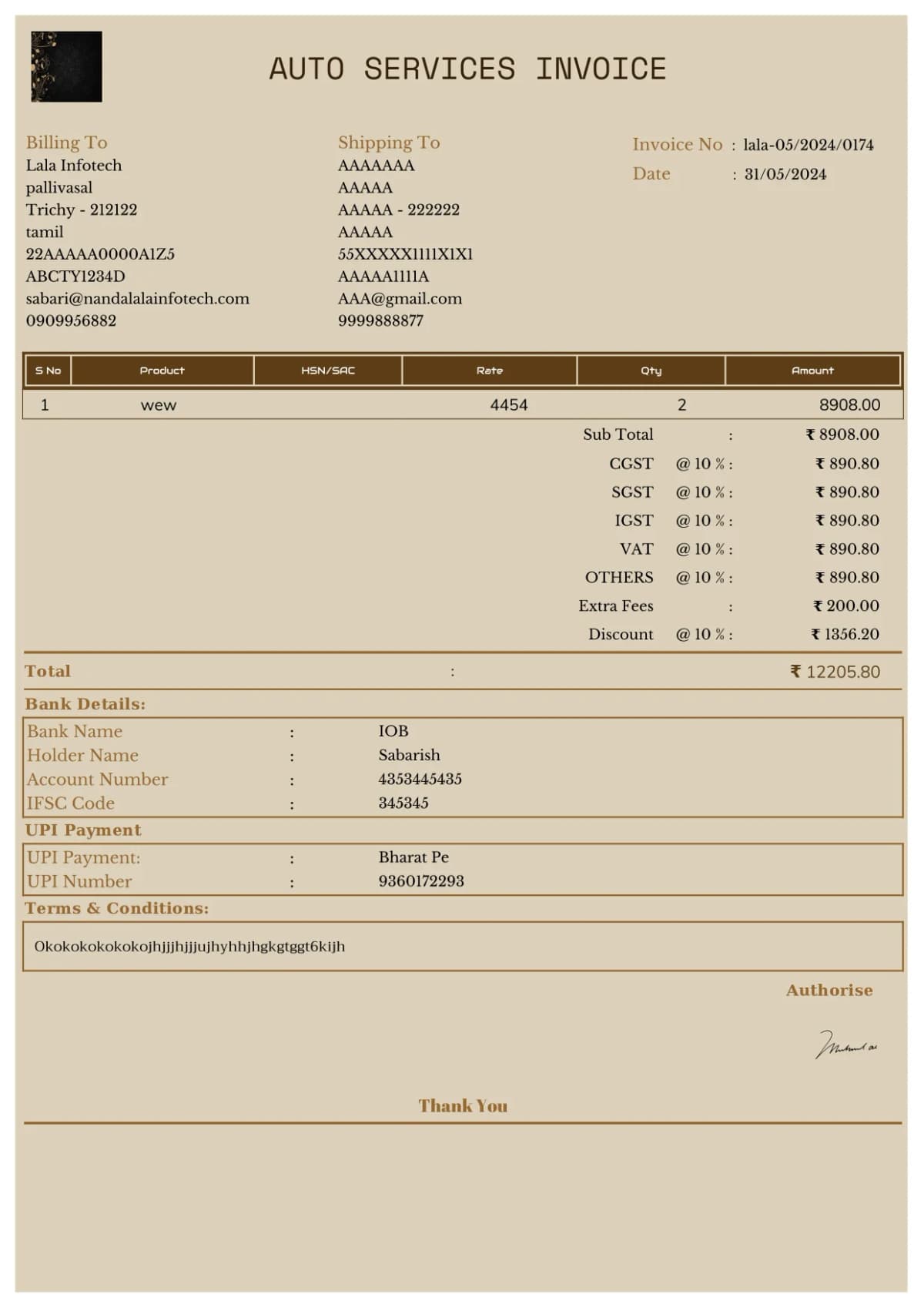 Auto Service Invoice Generator Free Online | InvoiceFree